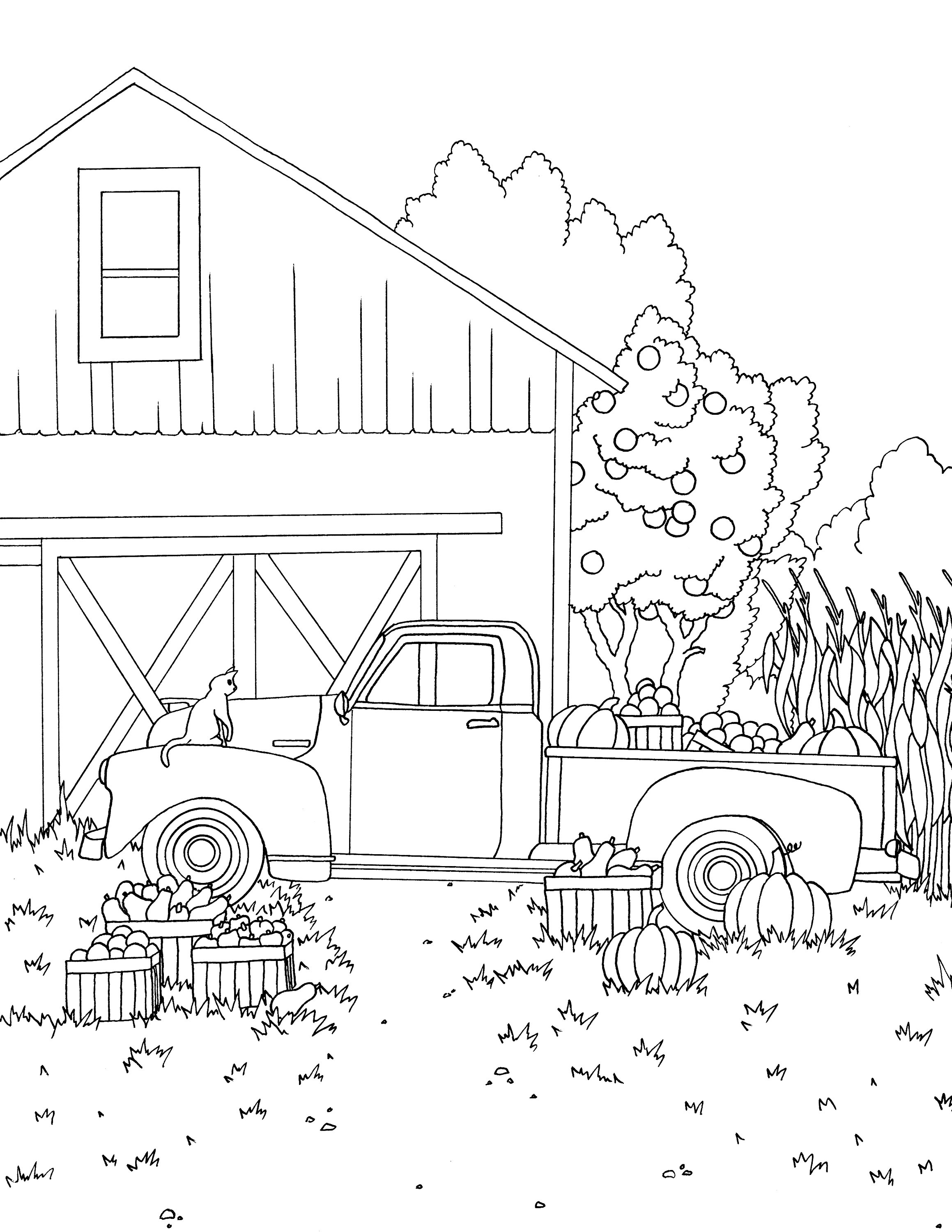 Harvest Time on the Farm Coloring Page, Old Truck Coloring Page, Farm ...