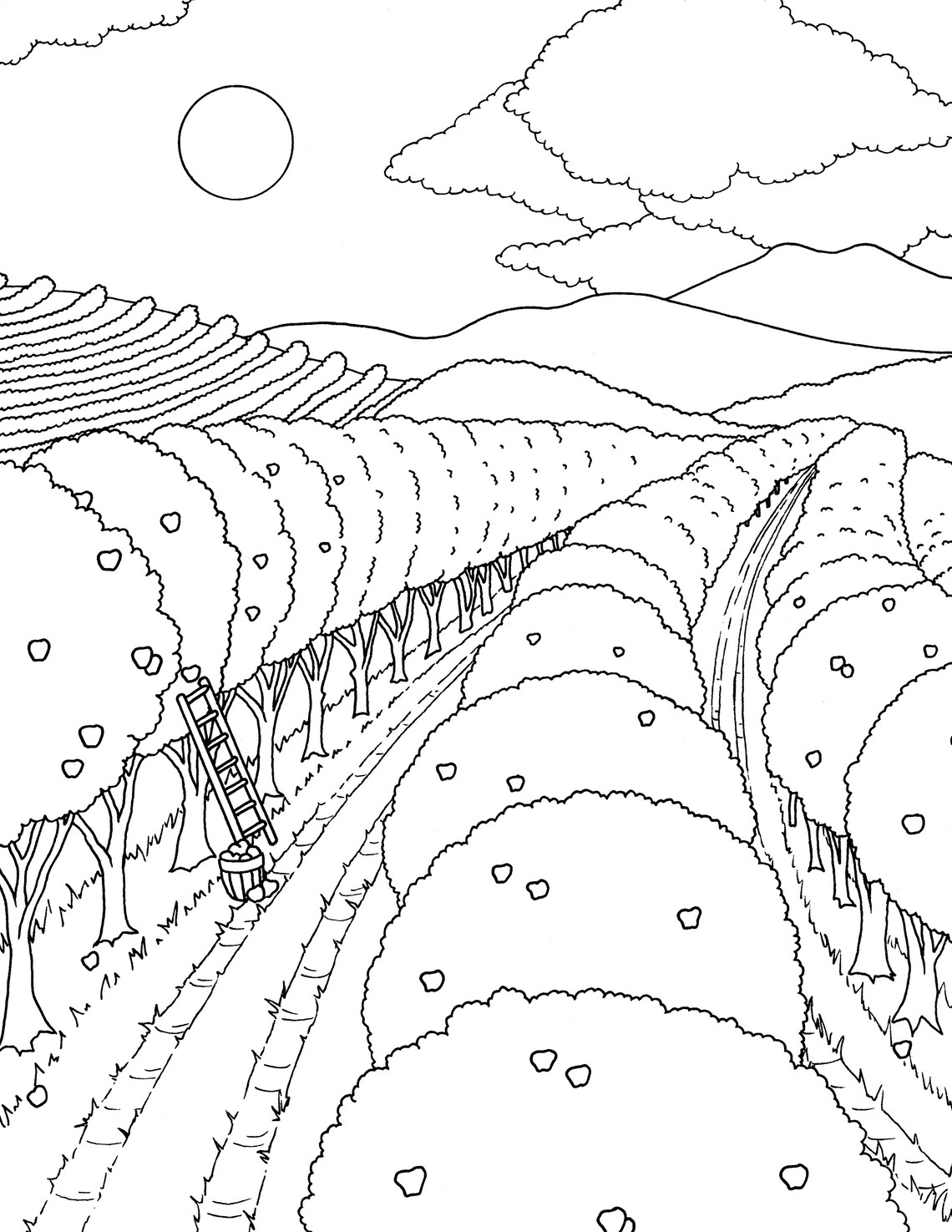 Apple Orchard Coloring Page, Mountaintop Apple Orchard Coloring Page ...