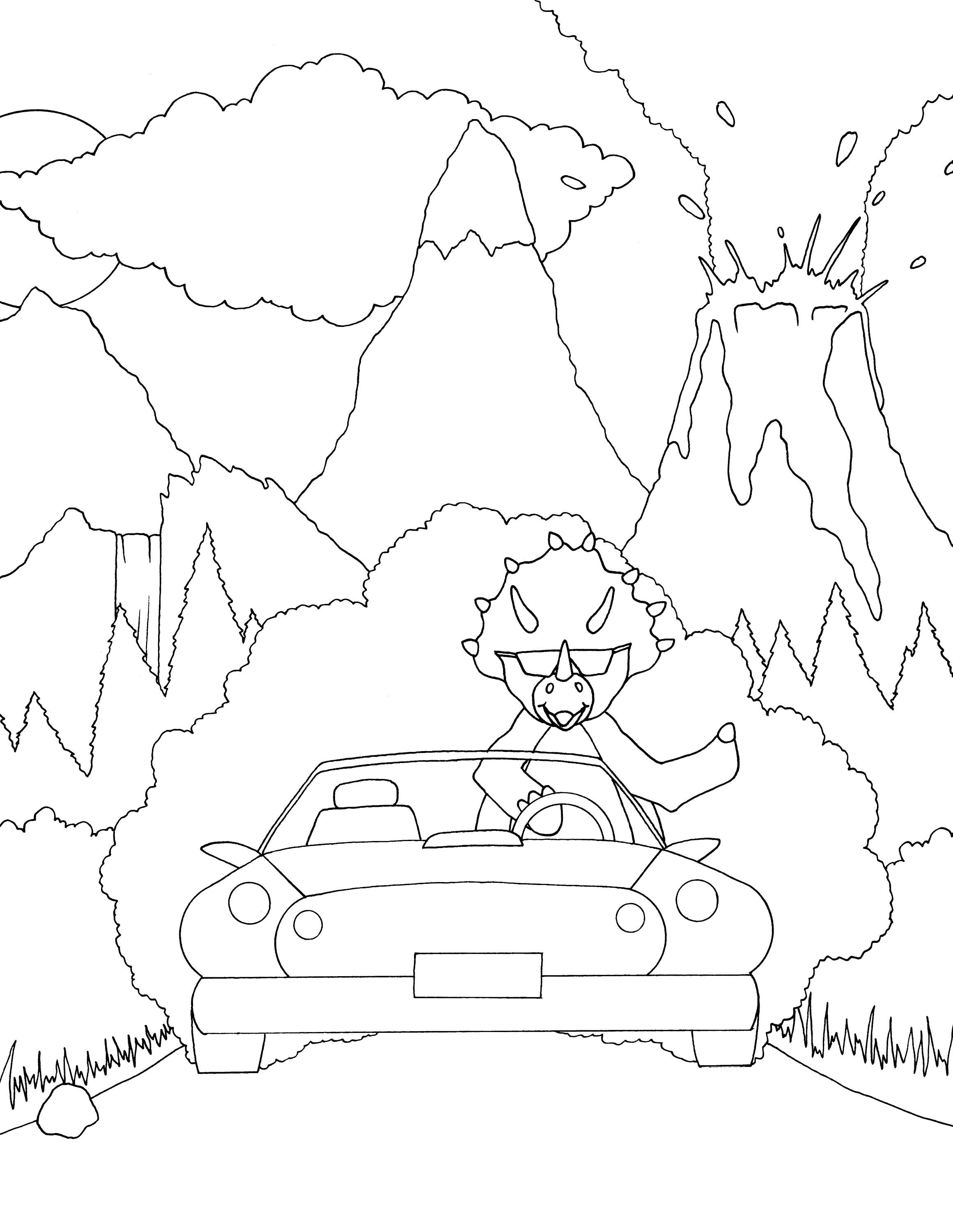 Dinosaur Driving A Sports Car Coloring Page, Kids Coloring Page ...