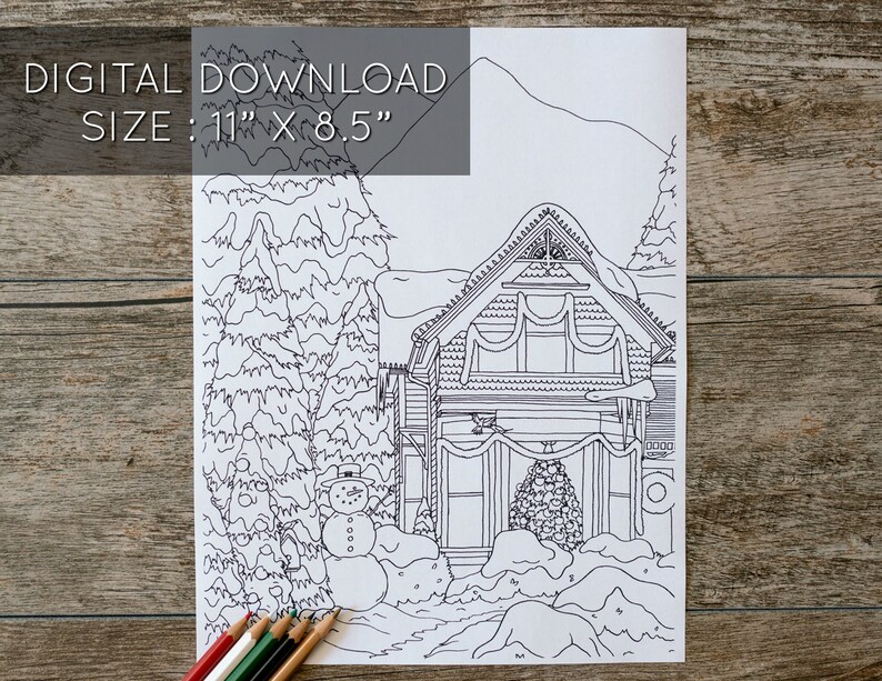 Christmas Coloring Page, Christmas Scene Coloring Page, House at ...
