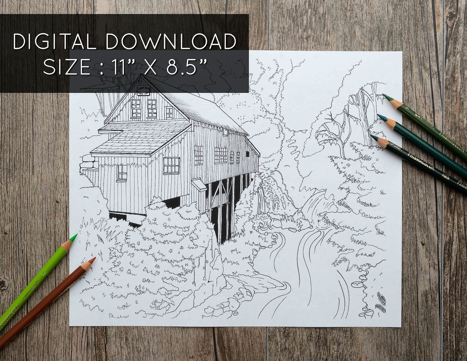Mill by a River, Printable Adult Coloring Page, Grist Mill Coloring ...