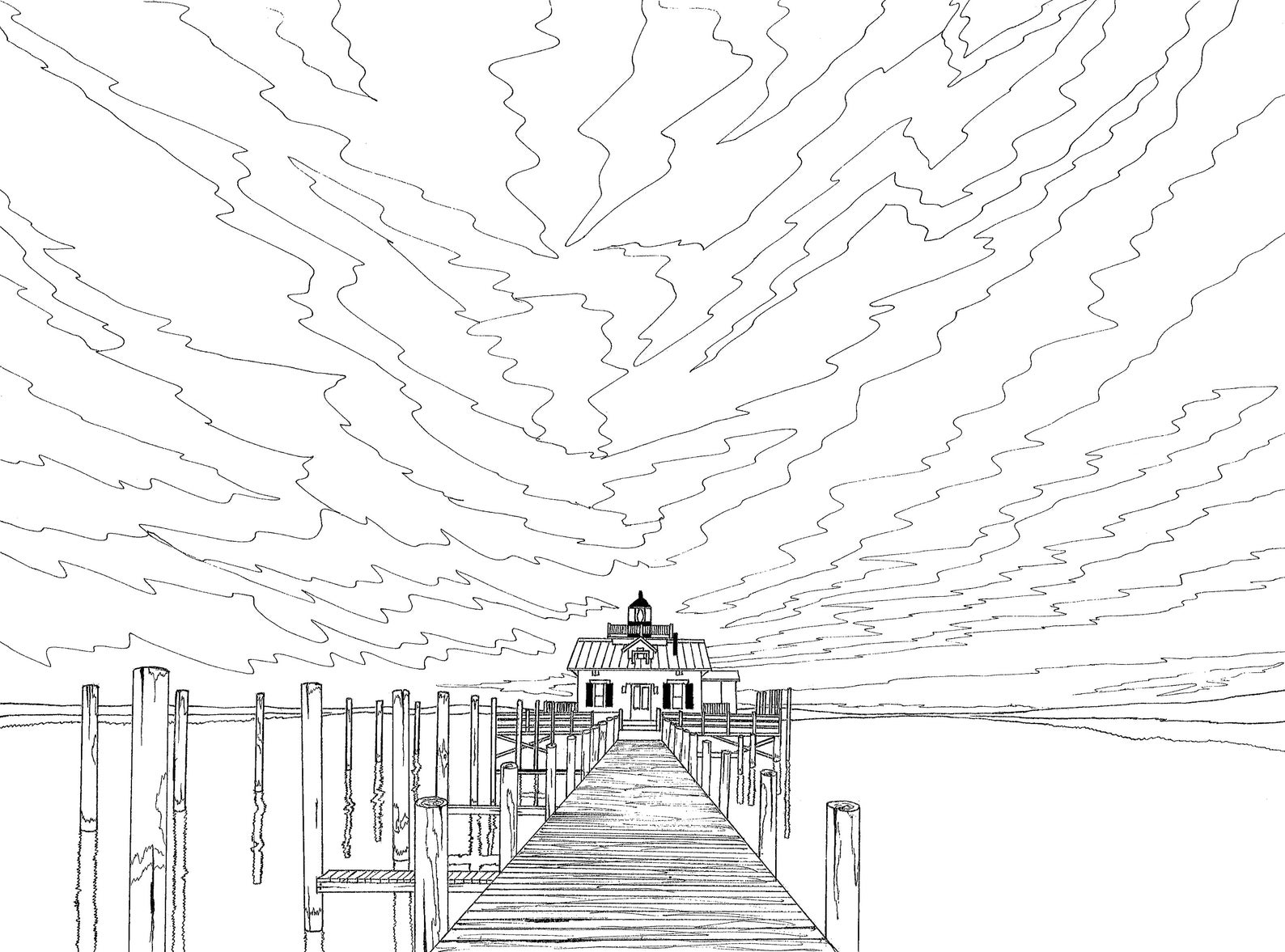 Lighthouse on a Pier, Printable Adult Coloring Page, Lighthouse ...