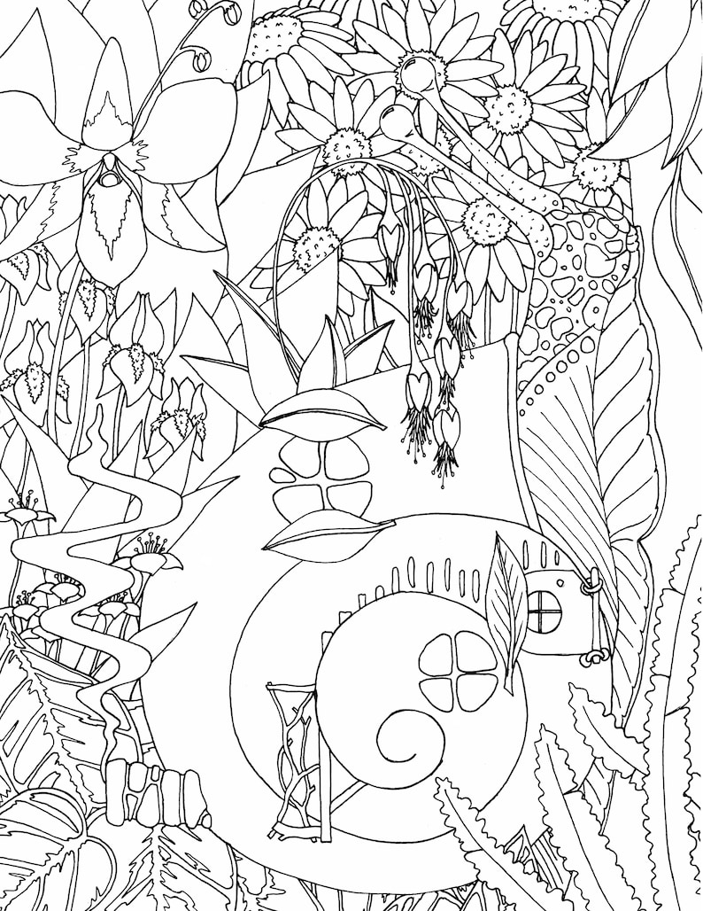Snail Fairy Garden Coloring Page, Nature Coloring Pages, Flowers ...