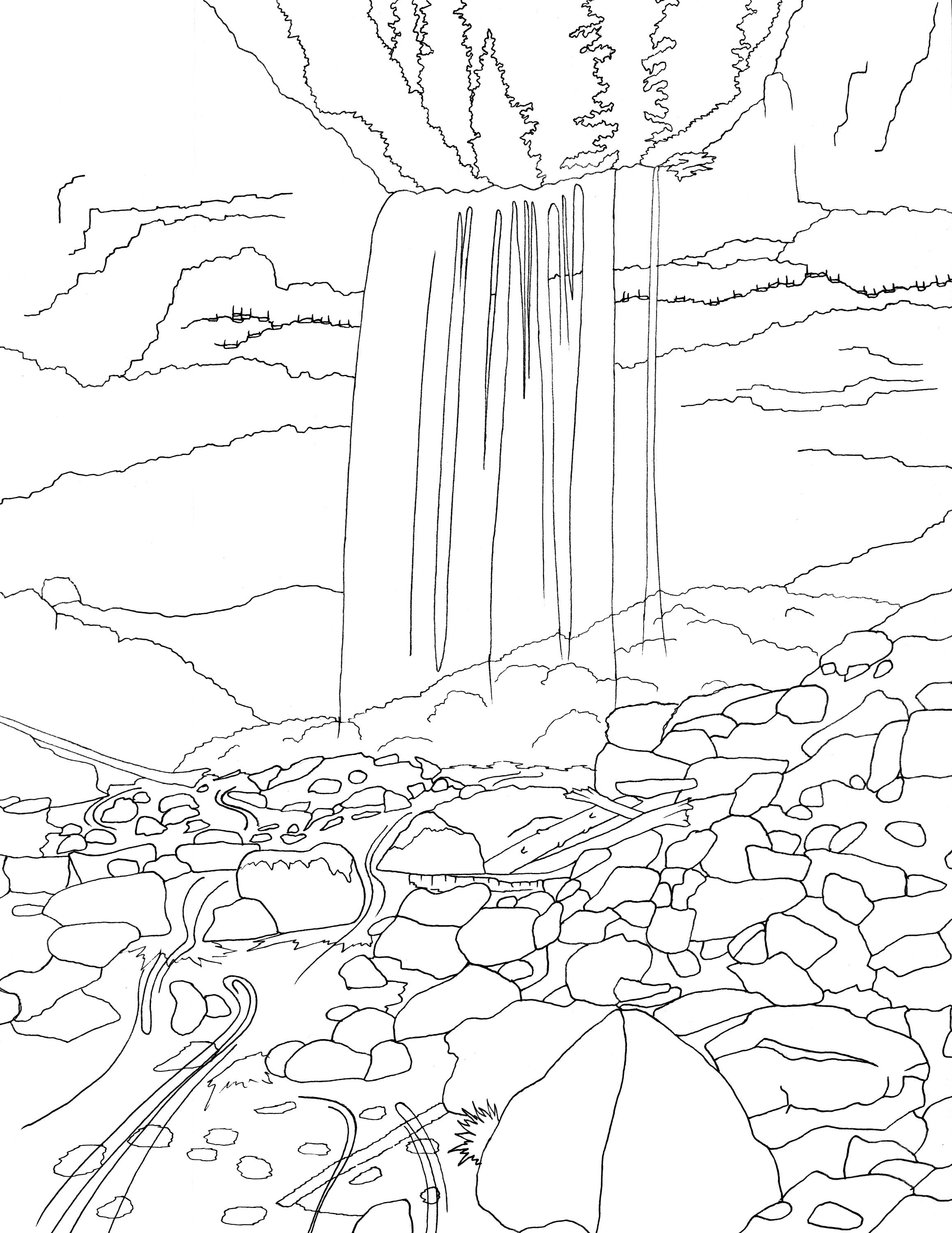 Waterfall Coloring Page for Adults, Washington State Waterfall Coloring ...