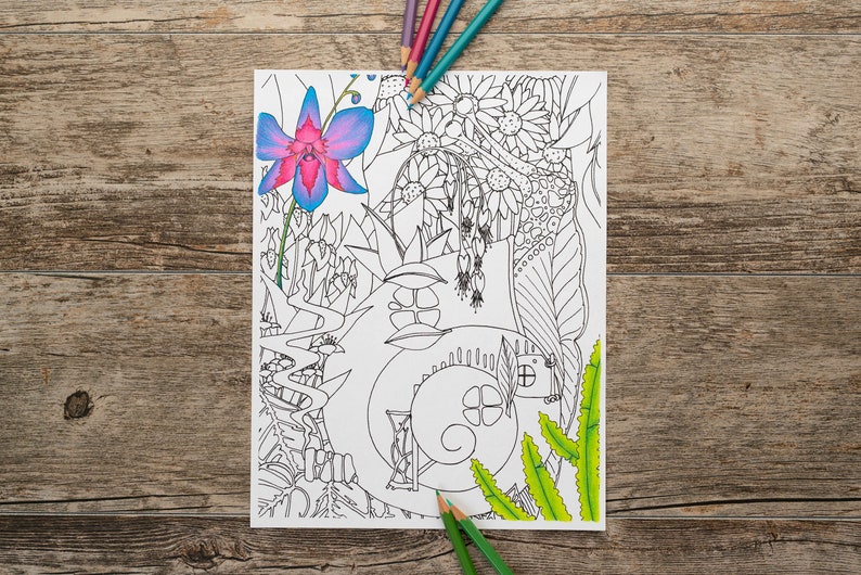 Snail Fairy Garden Coloring Page, Nature Coloring Pages, Flowers ...