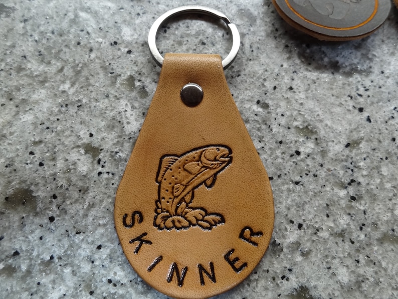 Personalized Leather Keychain FISH Trout Fishing Custom Handmade Key ...