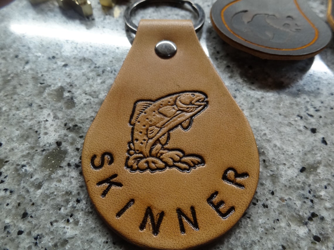 Personalized Leather Keychain FISH Trout Fishing Custom - Etsy