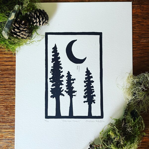 Linocut Moon - Etsy