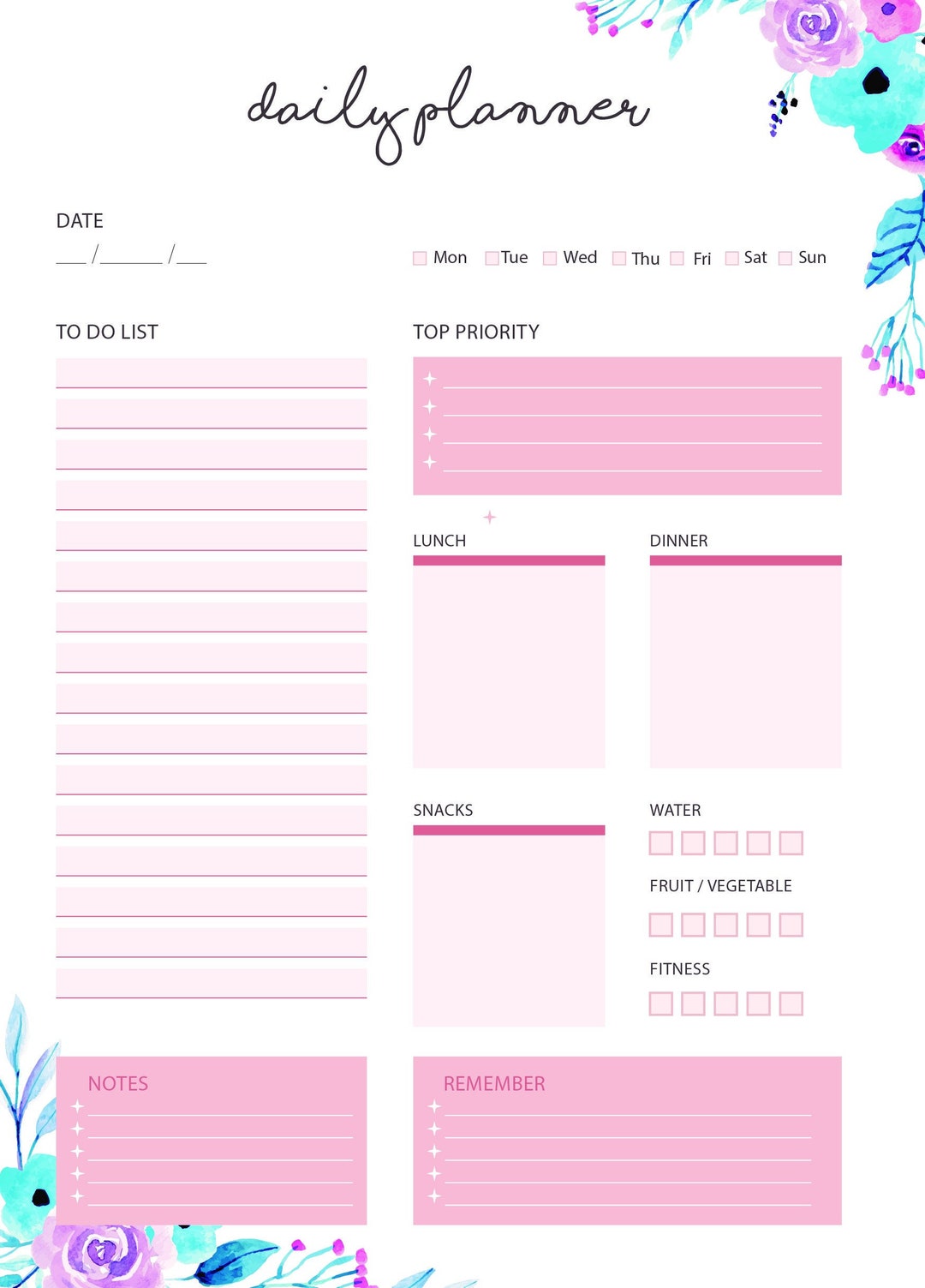 Printable Daily Planner Planner Floral, Pink Daily Planner, Girly To-do ...