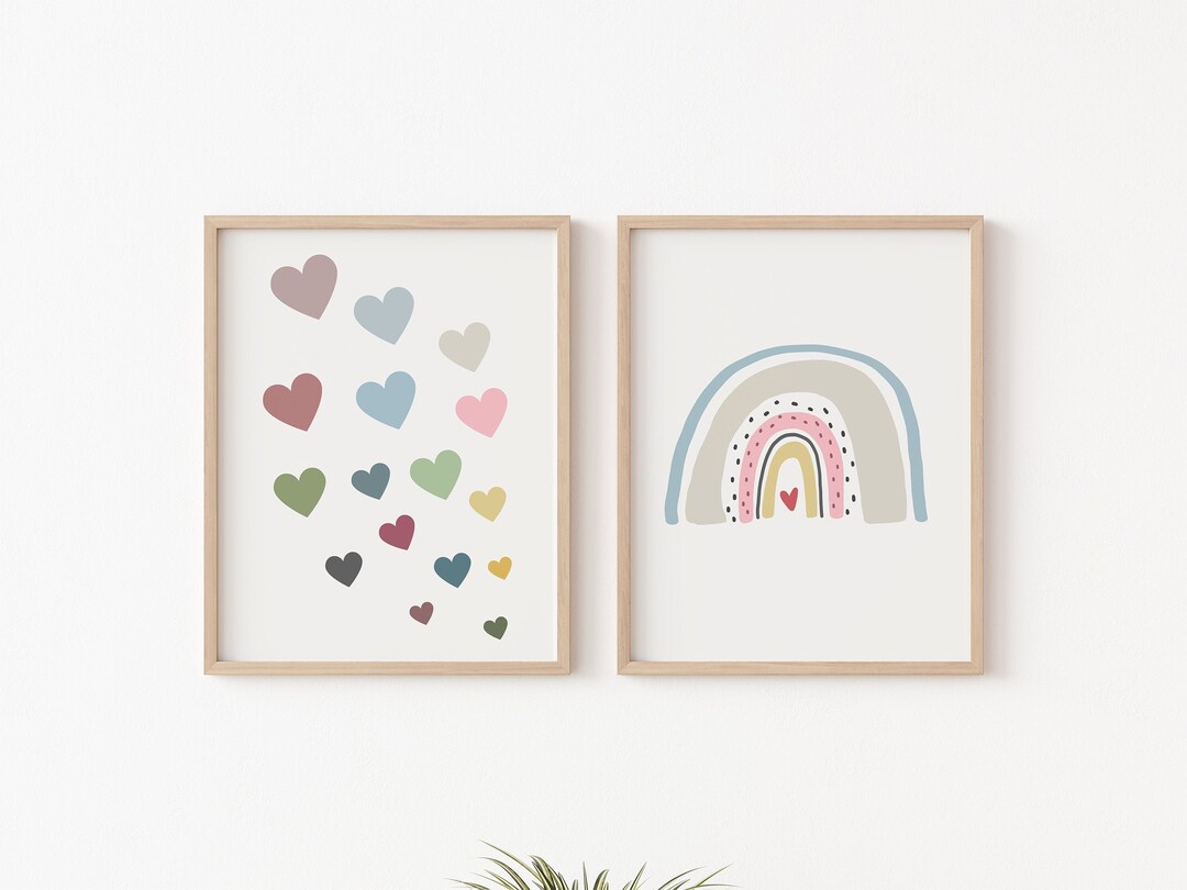 Set of Kids Room Wall Art Printable Hearts Rainbow Wall Art Nursery ...