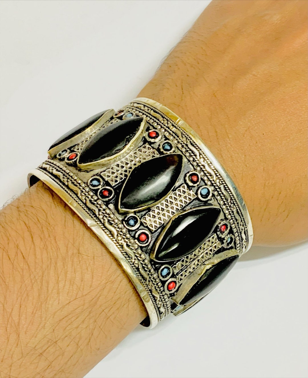 Boho Cuff Bracelet, Kuchi Tribal Stone Cuff Bracelet With Turquoise and ...