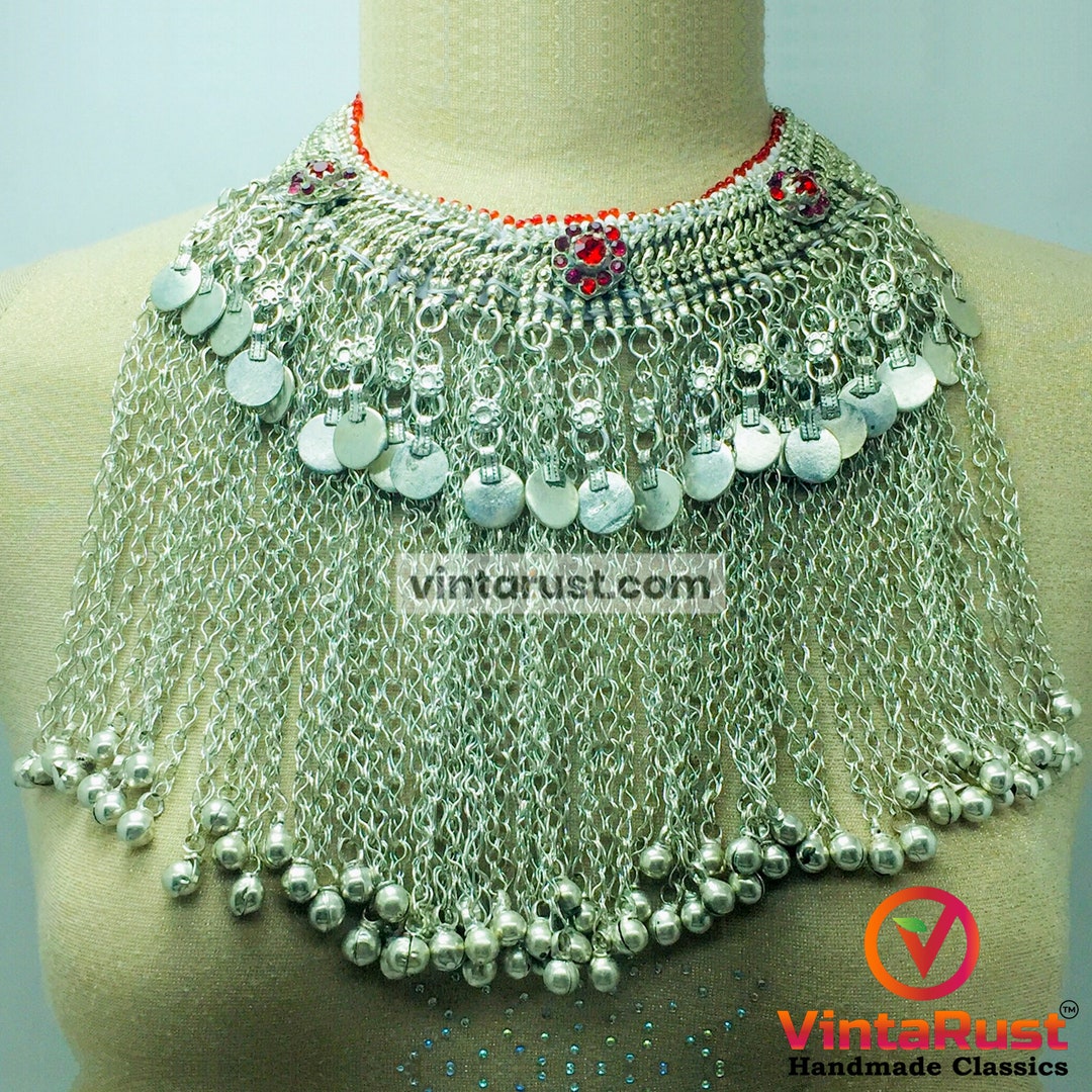 Silver Kuchi Choker Necklace With Long Bells and Red Glass Stones ...