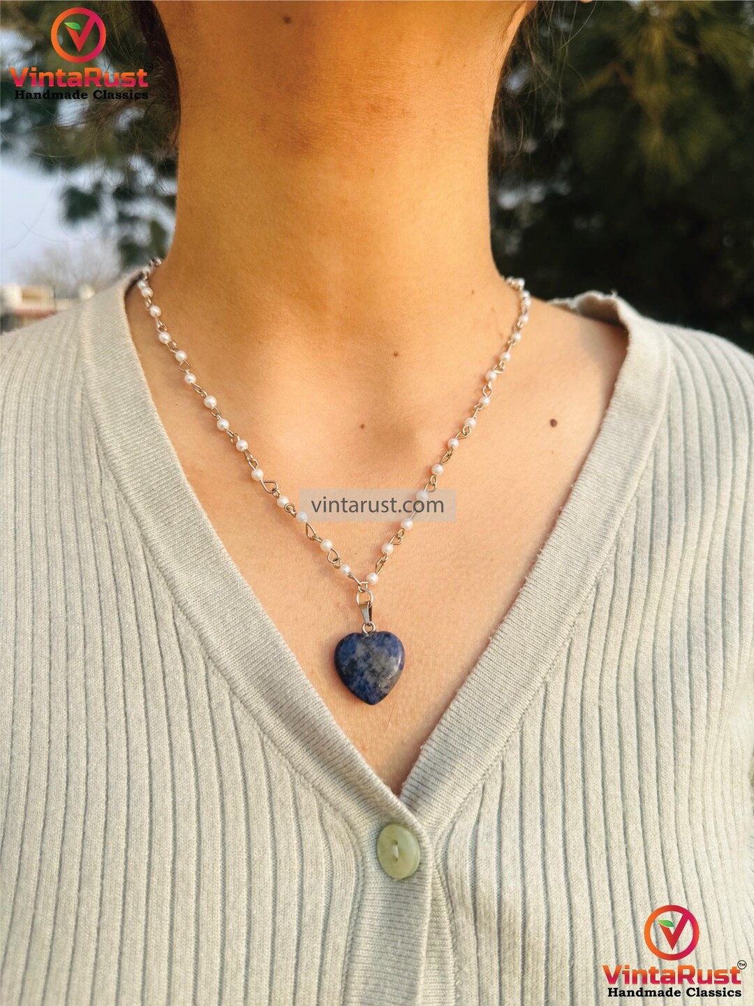 Beaded Chain Necklace With Blue Rhodonite Stone Heart Shape Pendant ...