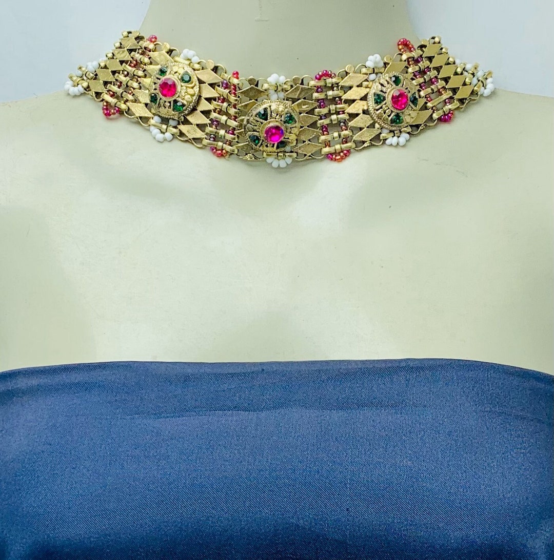 Golden Metal Collar Choker Necklace, Tribal Choker With Multicolor ...