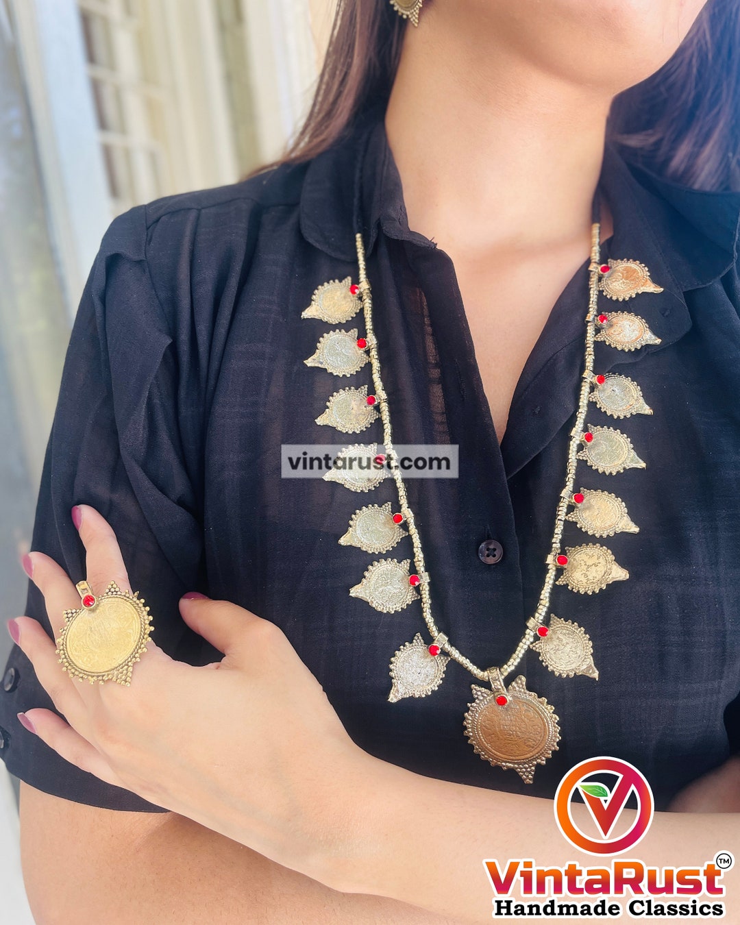 Tribal Vintage Coins Long Mala Necklace With Earrings and Ring, Vintage ...