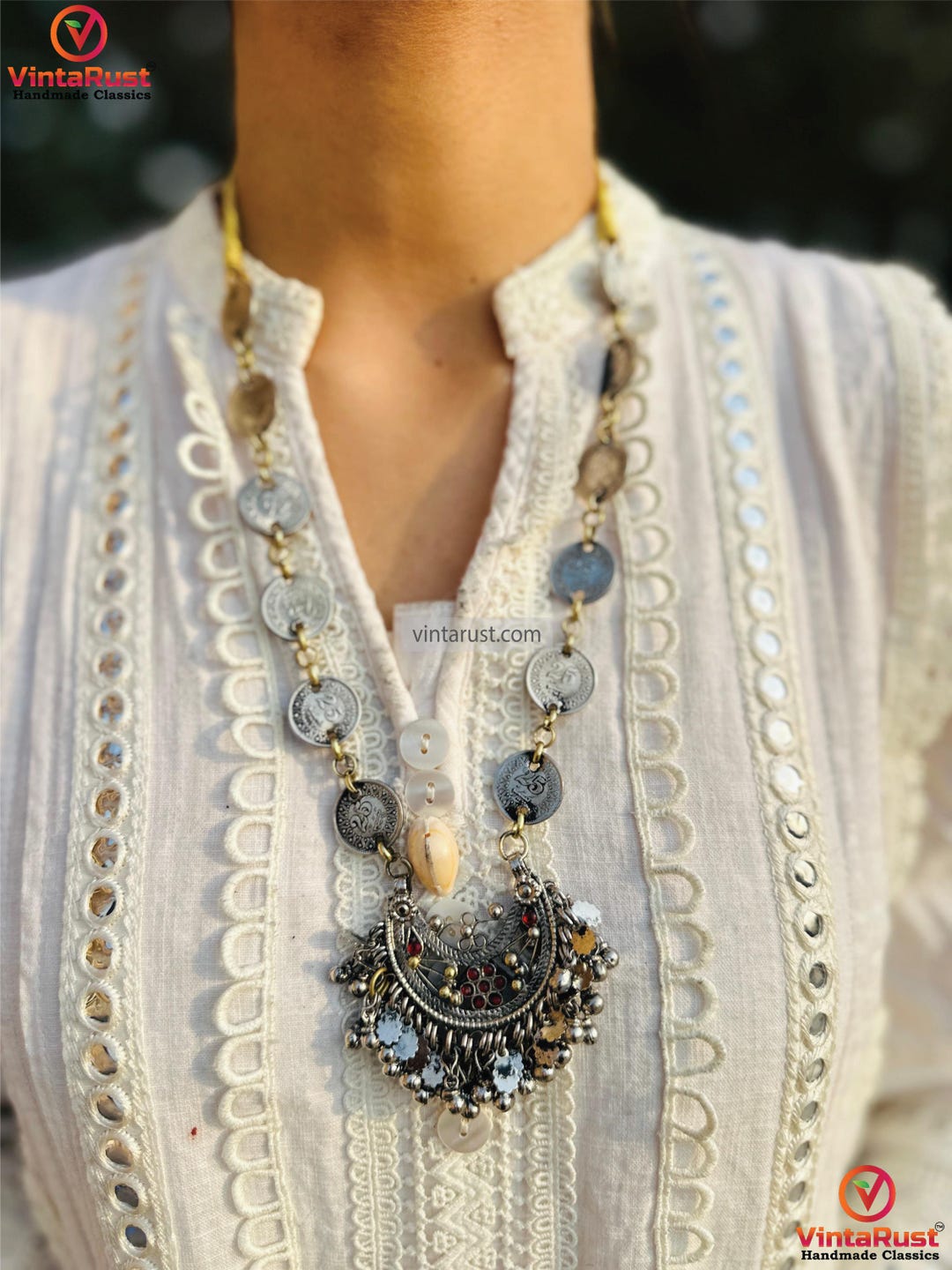 Vintage Beaded Coins Necklace With Dangling Pendant, Afghan Light ...