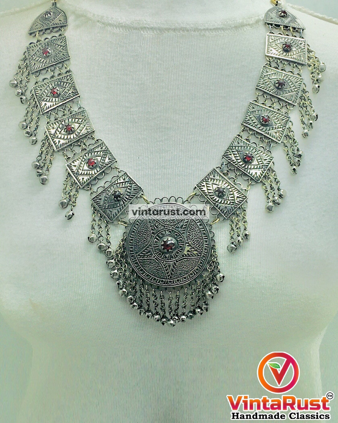 Handmade Big Kuchi Necklace, Tribal Kashmiri Pendant Necklace, Silver ...