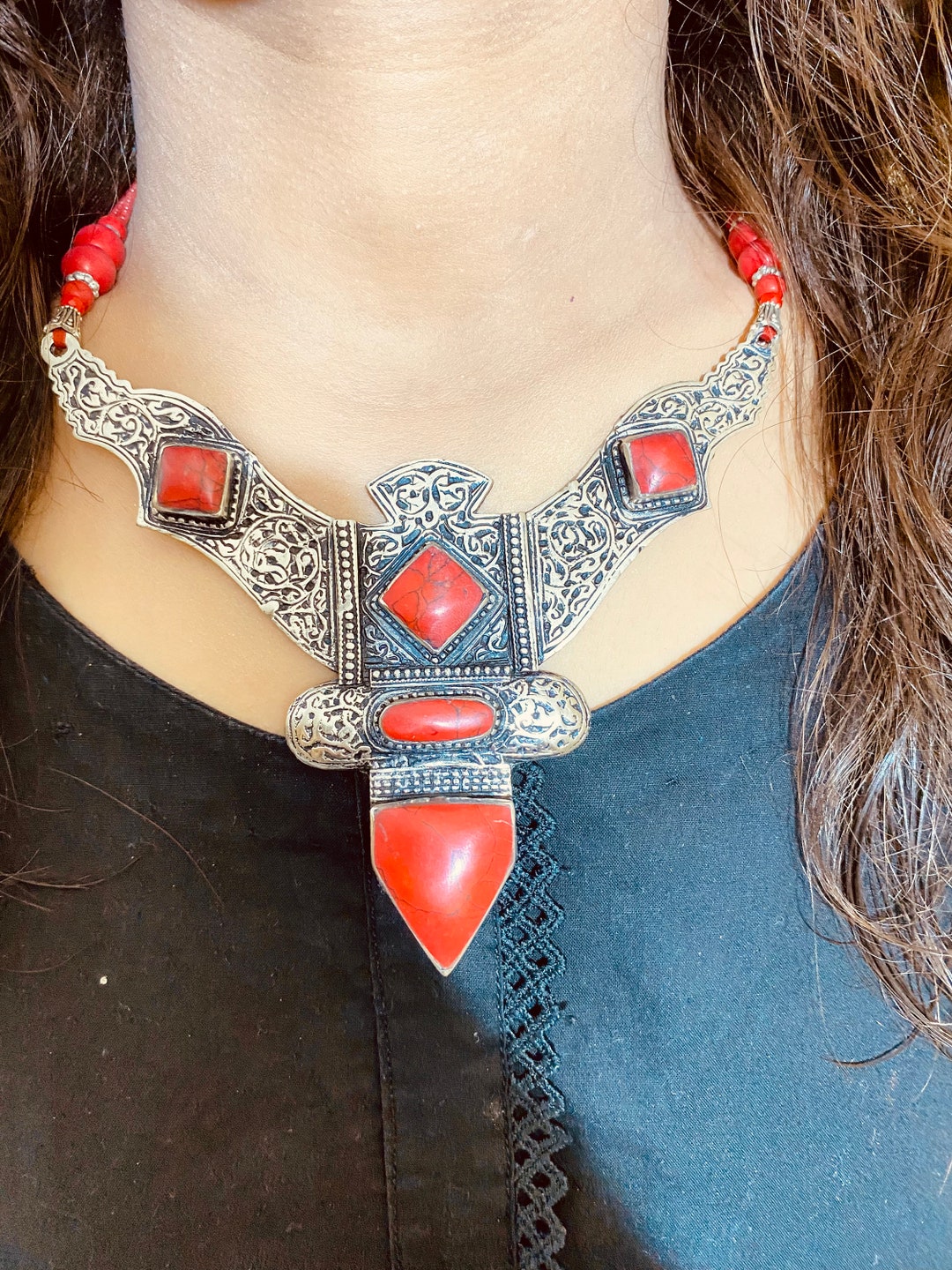 Red Coral Gemstone Necklace: Handmade Nepalese Tribal Jewelry - Etsy