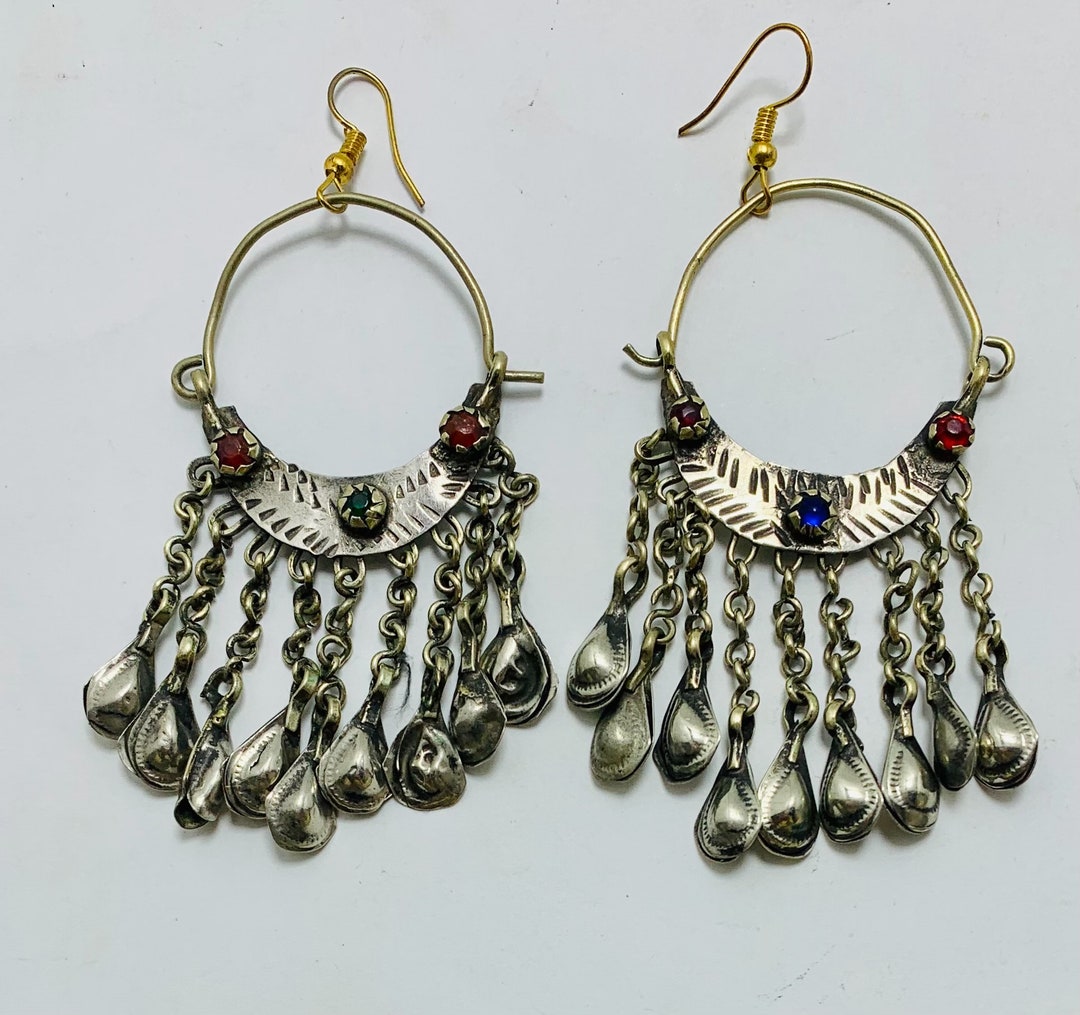 Vintage Silver Kuchi Earrings With Long Tassels, Tribal Earrings, Kuchi ...