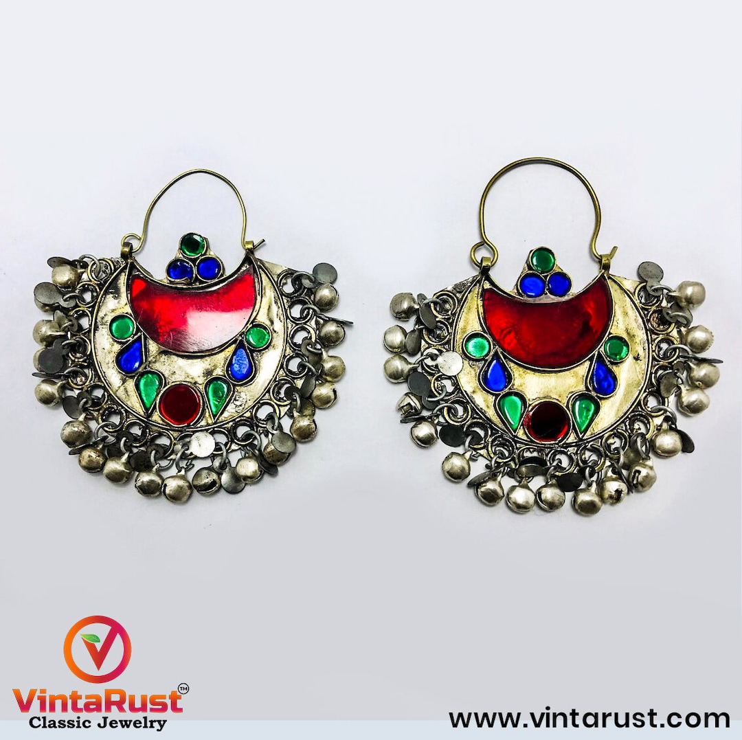 Afghan Tribal Kuchi Multicolor Bali Earrings, Boho Earrings, Kuchi Jewelry, Hoop Earrings ...