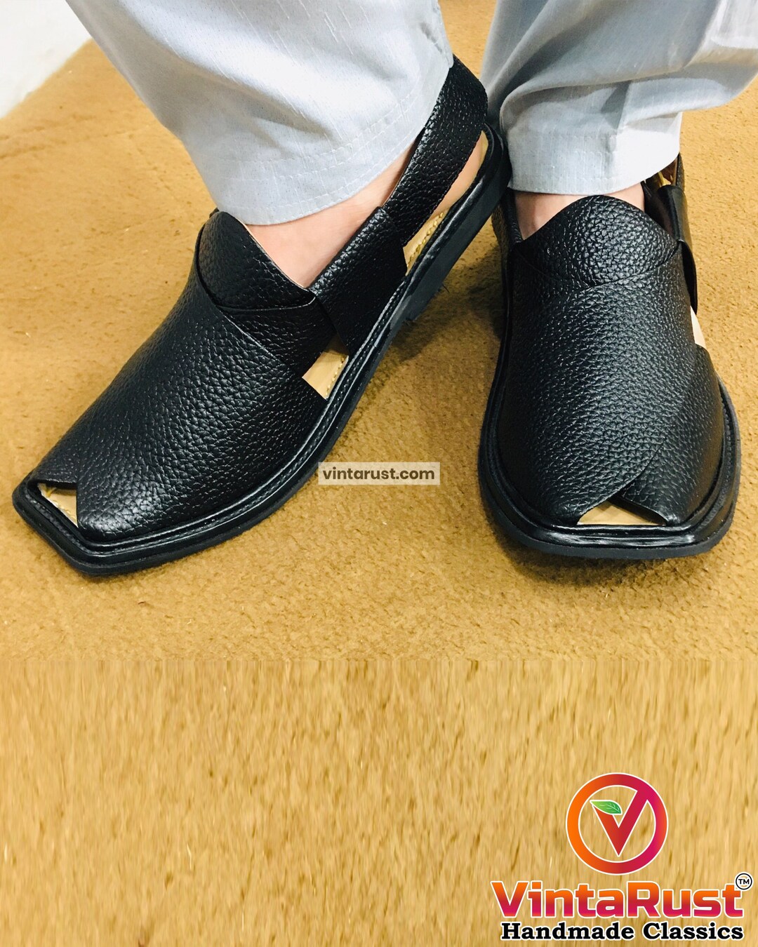 Textured Black Peshawari Chappal, Handcrafted Genuine Leather Sandals ...