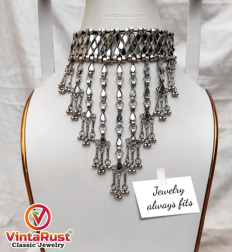 Tribal Mirror Choker Necklace: Ethnic Silver Tassel Jewelry - Etsy