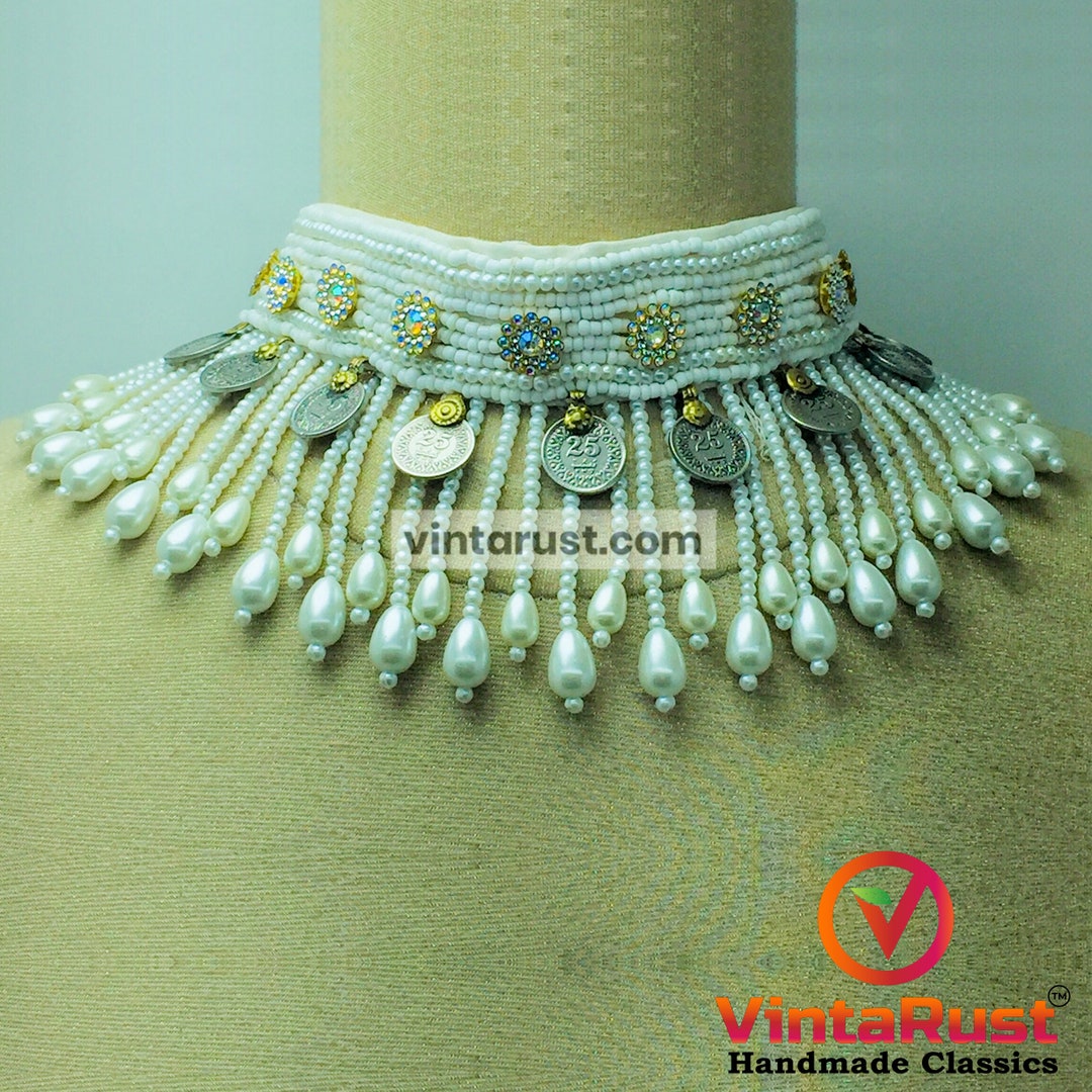 White Statement Choker Necklace, White Pearls and Beaded Choker ...