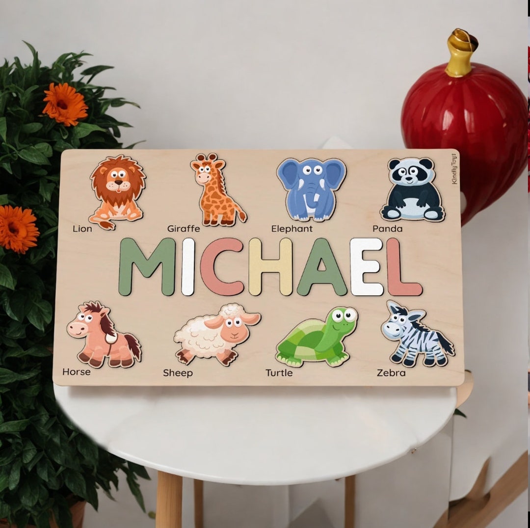 Farm Animal Name Puzzle With Pegs, Wooden Toy, Barnyard Animal, 1st ...