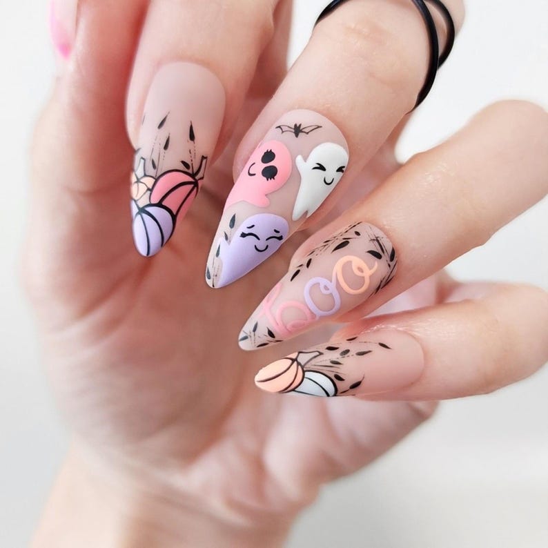 Pastel Halloween Ghost Nails, Cute Boo Press on Nails, Colorful Pumpkin ...