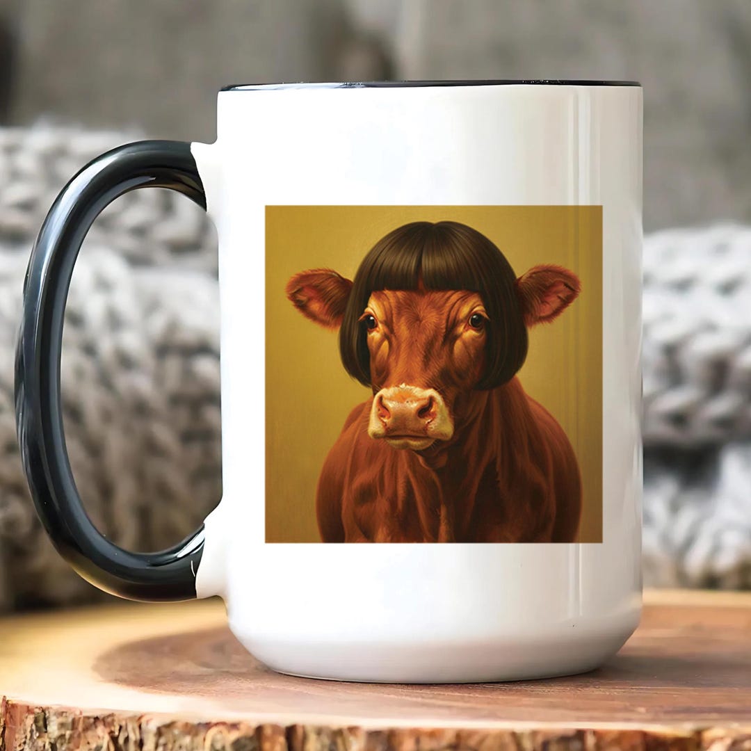 Funny Cow Bob Haircut Mug, Cow Meme Coffee Mug, Surreal Animal Art Cup ...