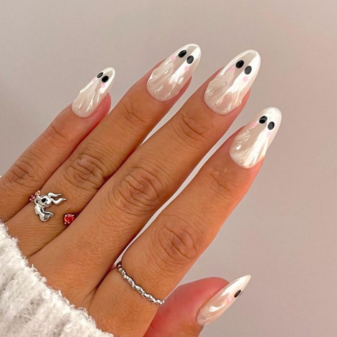 Pearl Ghost Nails, Cute Halloween Press on Nails, Glossy White Ghost ...