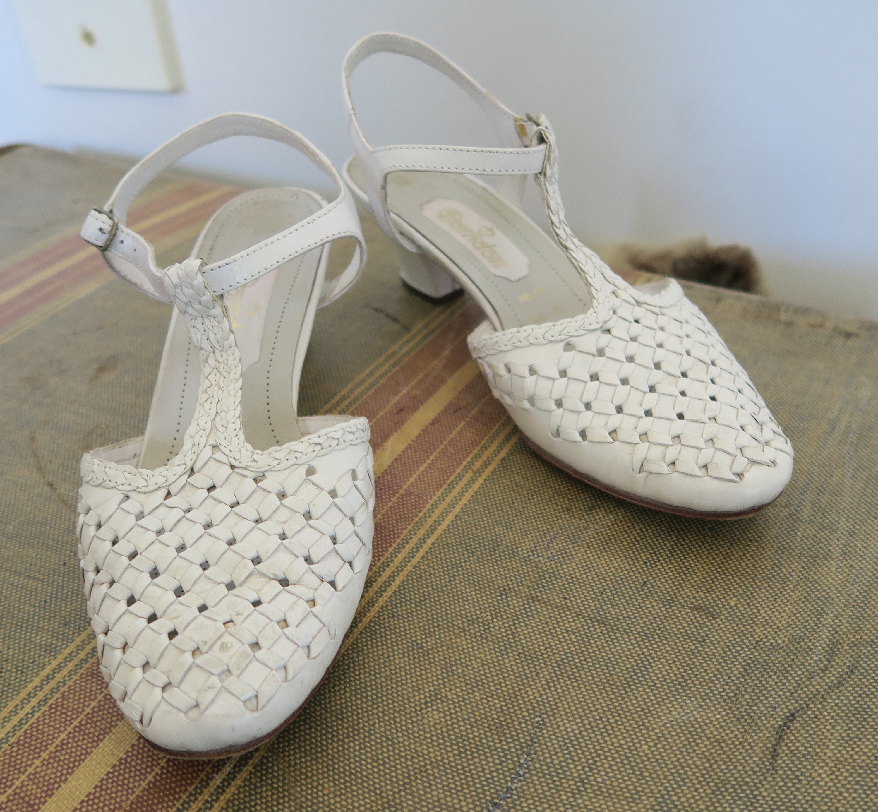 Vintage 1980s White Leather Woven Slingback Sandals - Etsy