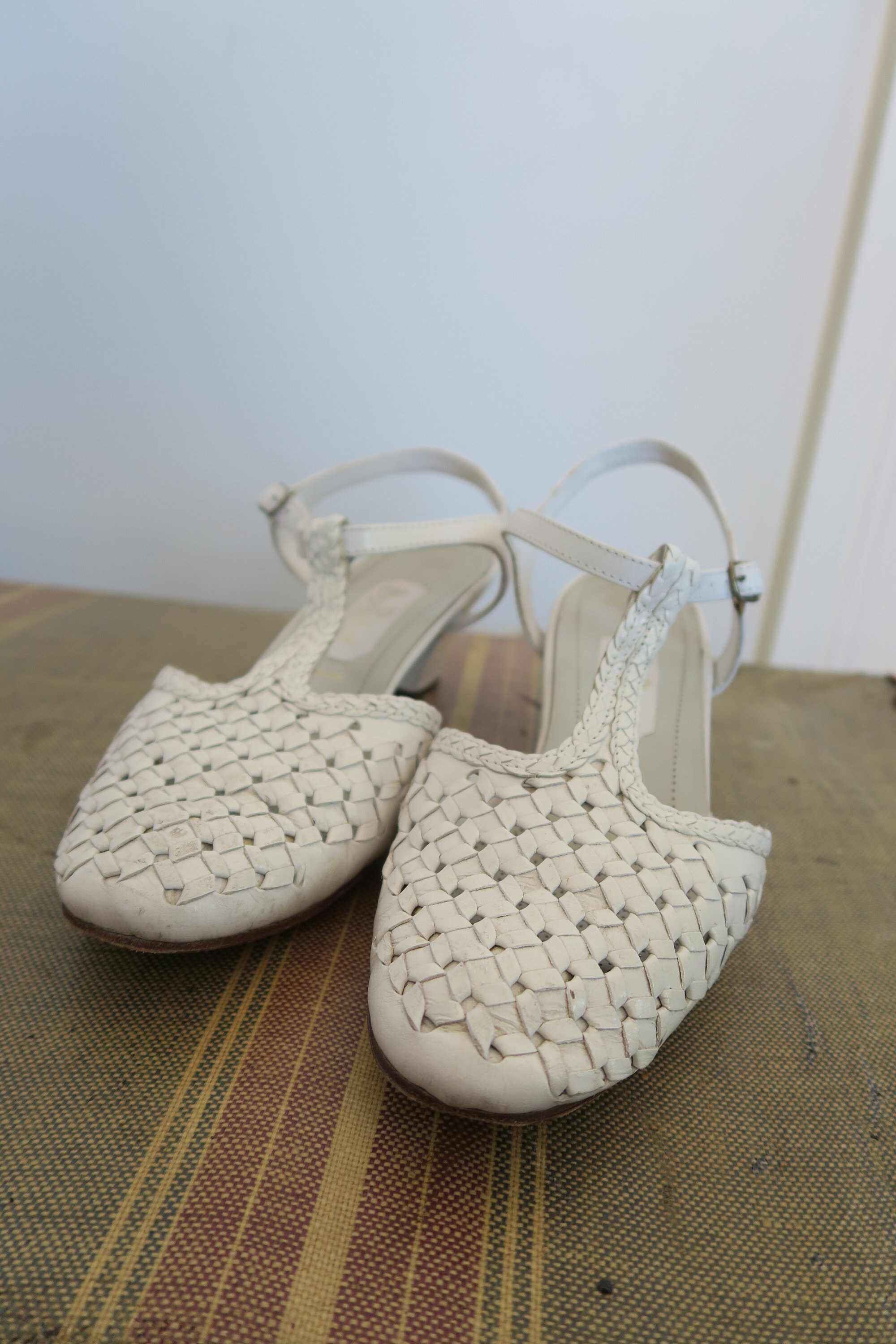 Vintage 1980s White Leather Woven Slingback Sandals - Etsy