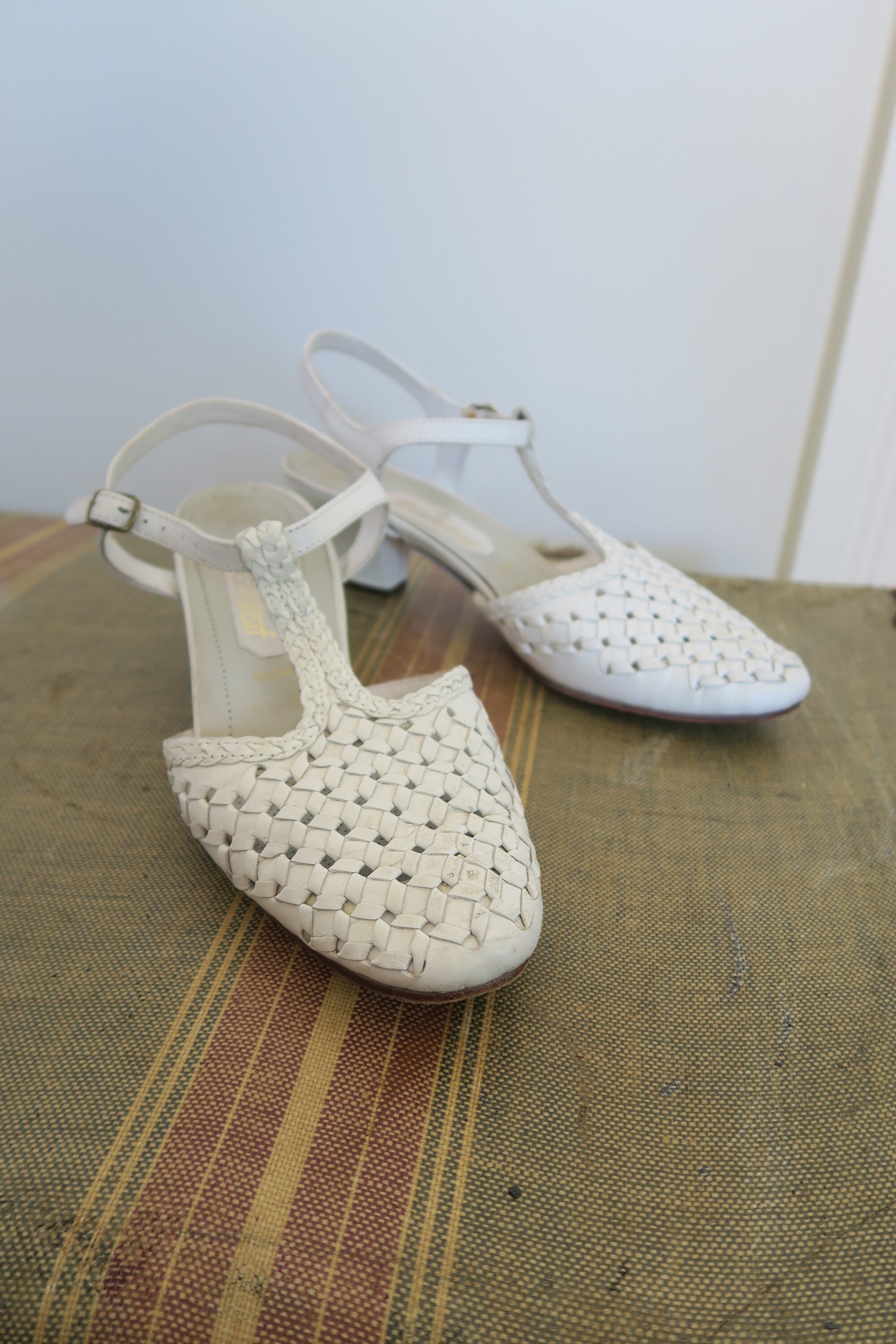 Vintage 1980s White Leather Woven Slingback Sandals - Etsy