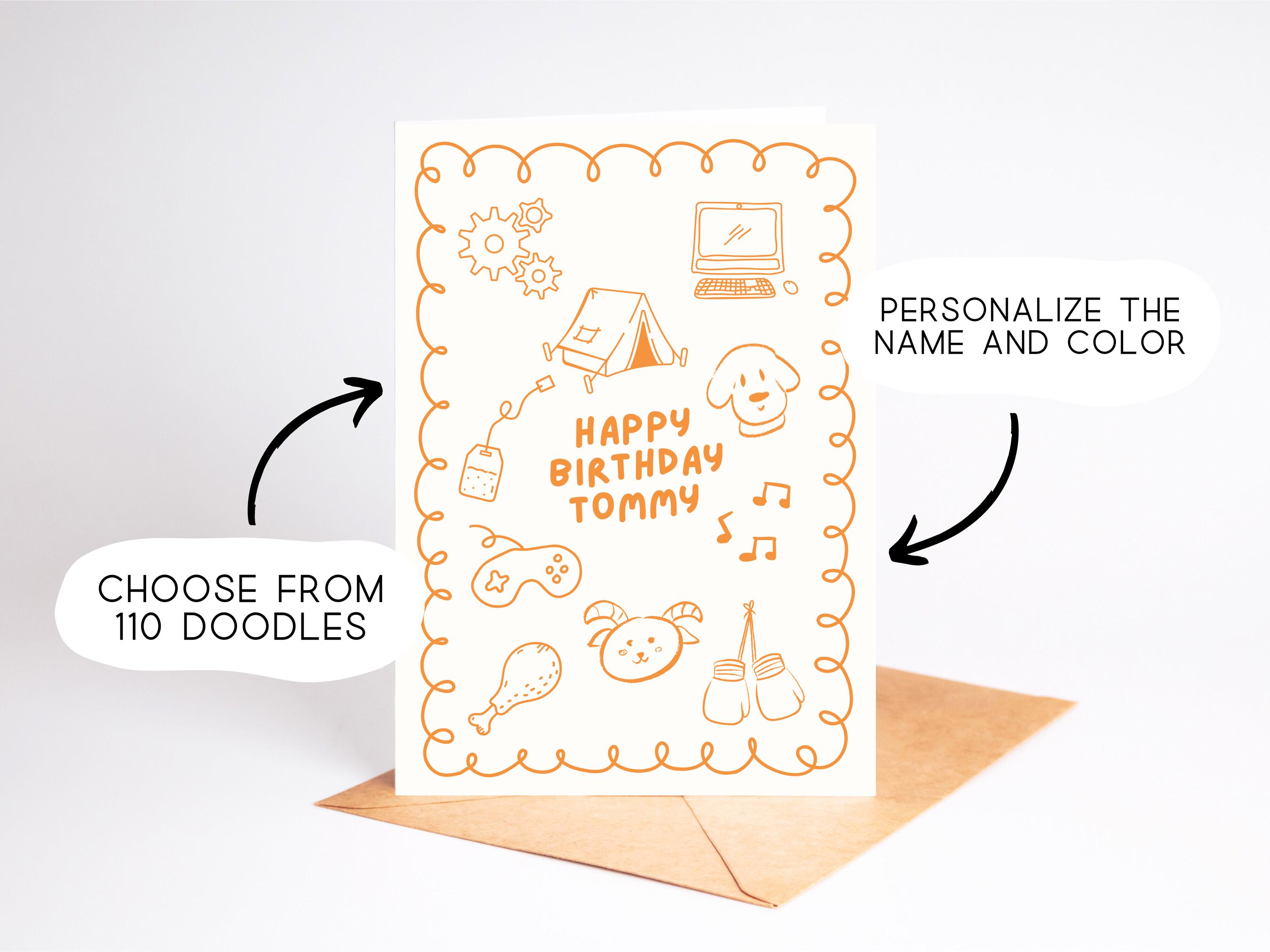 Custom Birthday Card With Name & Doodles – Personalized Birthday Gift ...