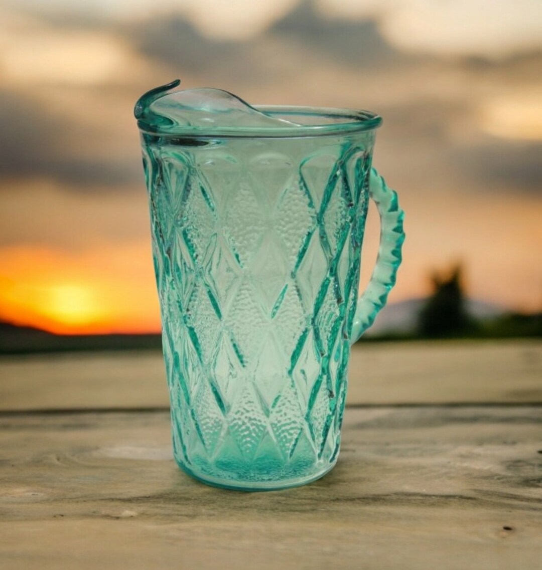 Vintage 70s Anchor Hocking Aqua Glass Pitcher Kimberly Gemstone Pattern ...