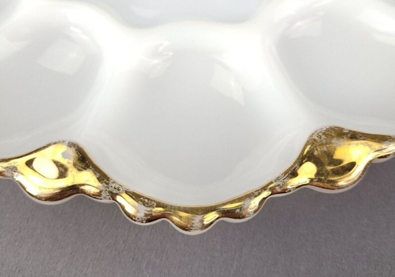 Vintage Anchor Hocking White Milk Glass Oyster / Deviled Egg Plate Server Dish With Gold Trim 10 ...