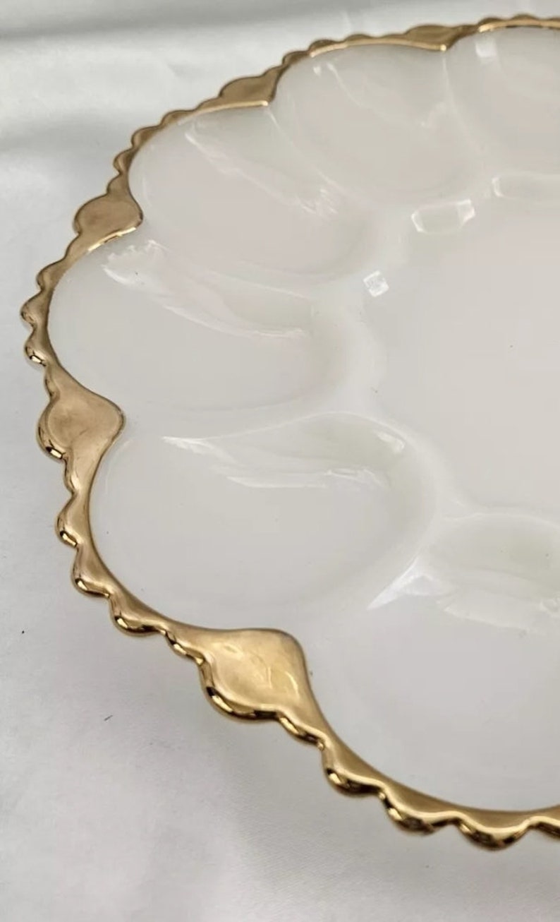 Vintage Anchor Hocking White Milk Glass Oyster / Deviled Egg Plate Server Dish With Gold Trim 10 ...