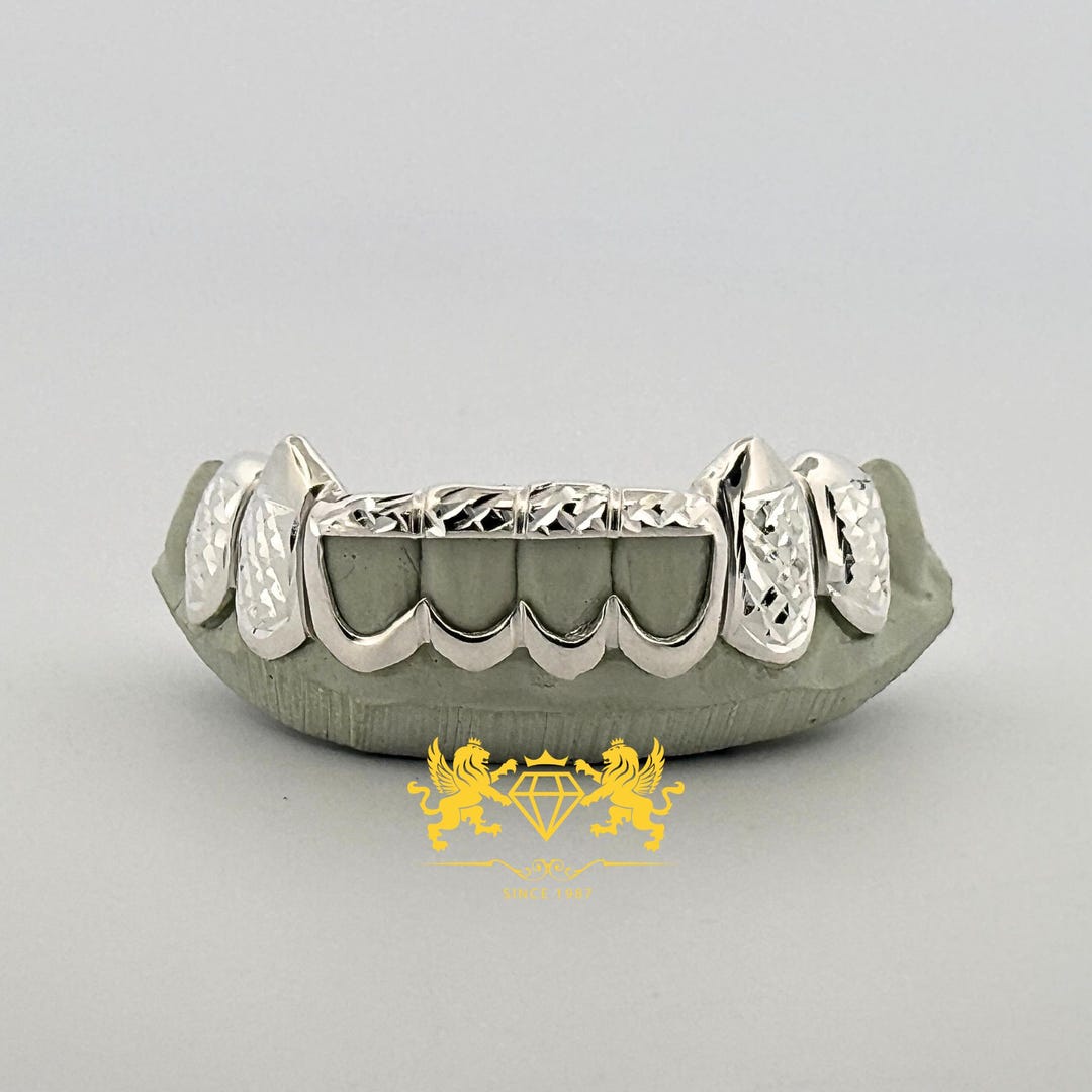 Custom Window Cut Grillz With Fangs, Diamond Cut Edges, 10K Gold, 14K ...