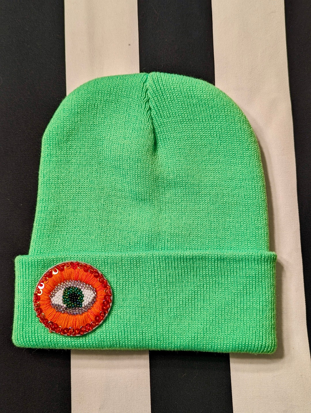 Eye Beaded Green Beanie Hat - Etsy