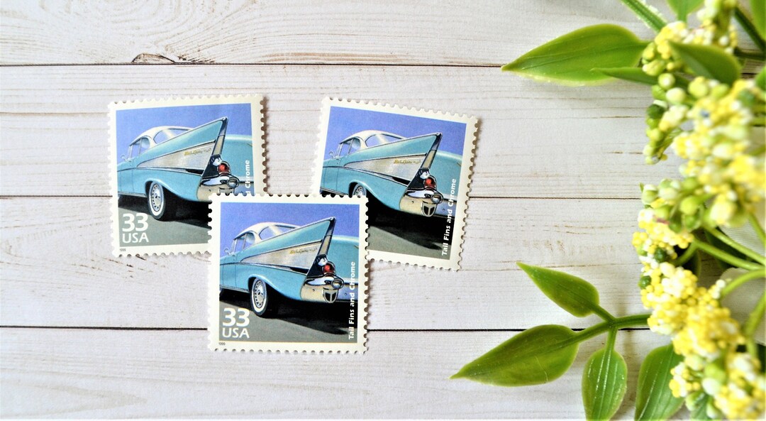 Vintage Tail Fins and Chrome Postage Stamps, Chevy Car, Auto Design ...