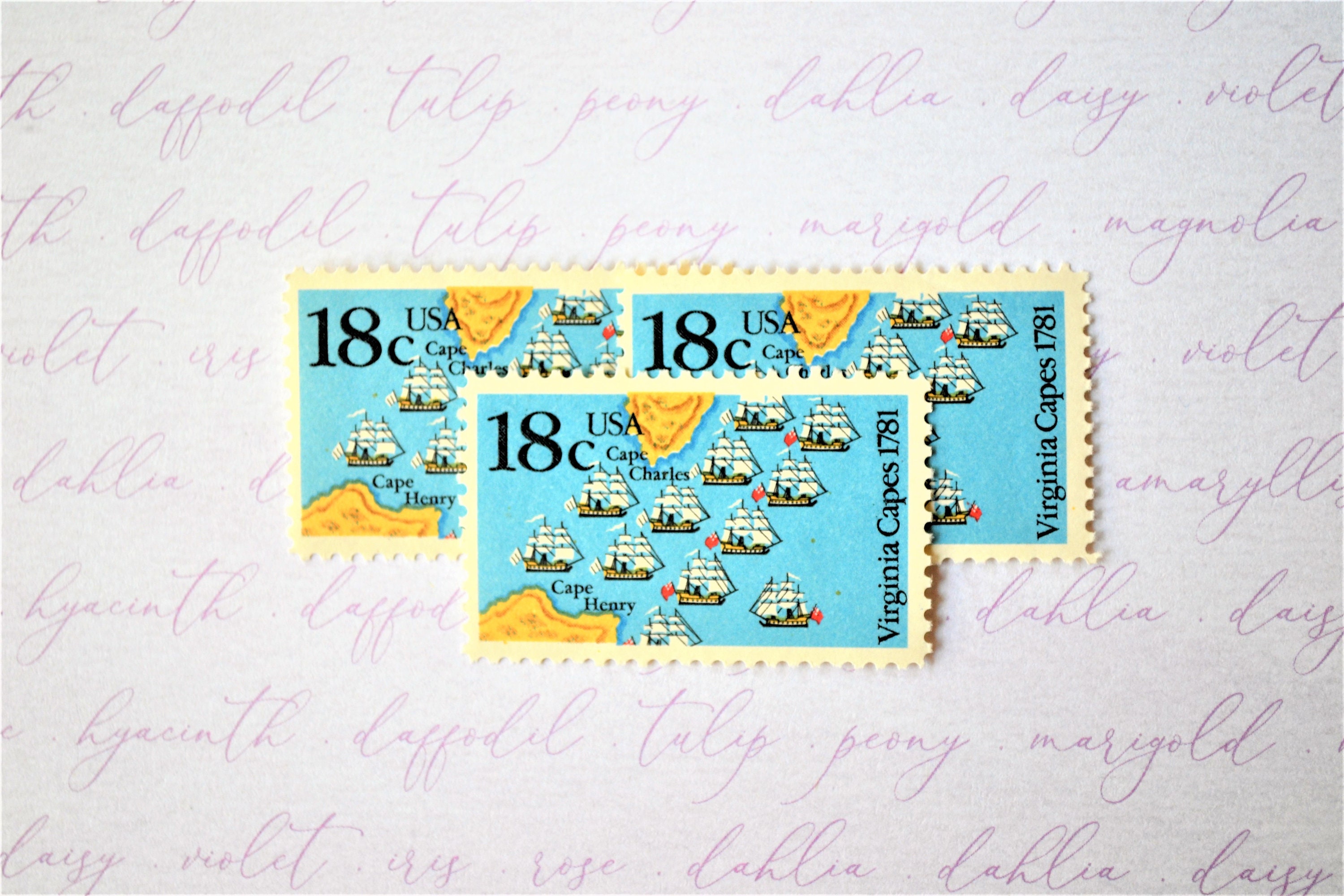 Vintage Virginia Capes Map Postage Stamps, Battle of Yorktown, 1781 ...
