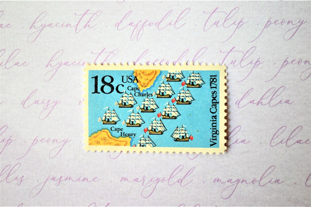 Vintage Virginia Capes Map Postage Stamps, Battle of Yorktown, 1781 ...
