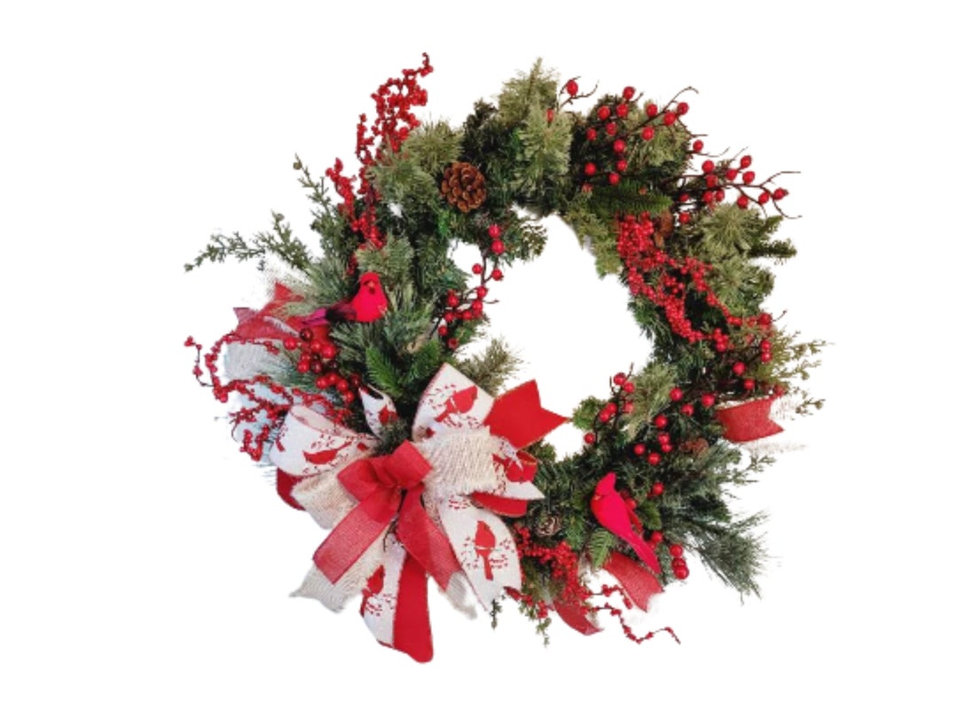 Christmas Cardinal Winter Wreath for Front Door, Rustic Winter Cardinal ...