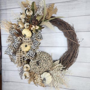 Fall Leopard Pumpkin Wreath for Front Door, Rustic Autumn Grapevine ...