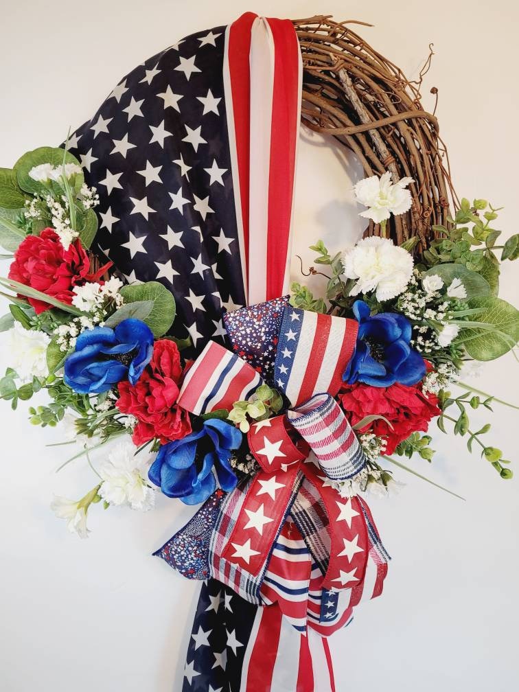 Patriotic Memorial Day Wreath for Front Door, Patriotic Military Family ...
