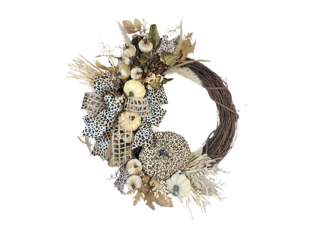 Fall Leopard Pumpkin Wreath for Front Door, Rustic Autumn Grapevine ...