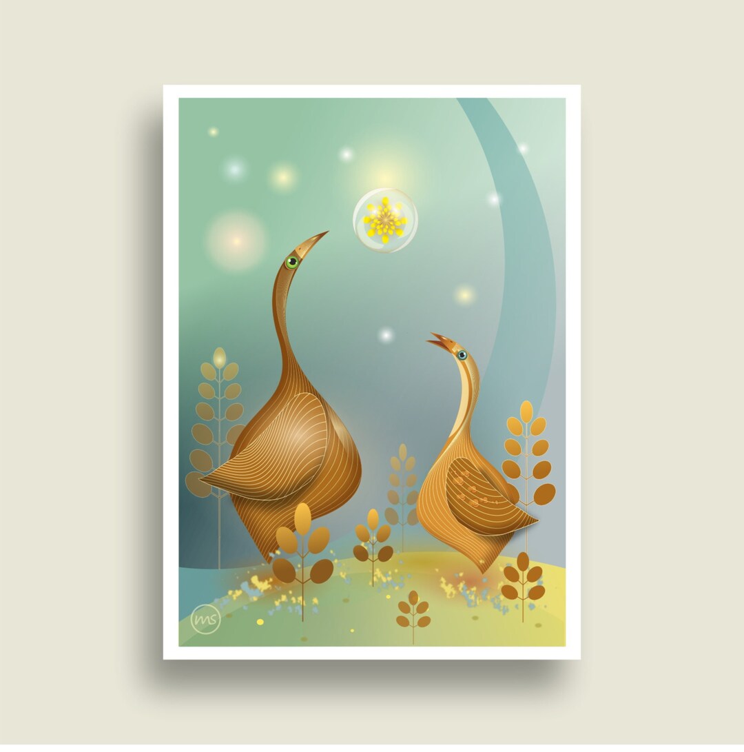 Two Whimsy Birds Illustration , Poster for Kids Room, Gift for Bird ...
