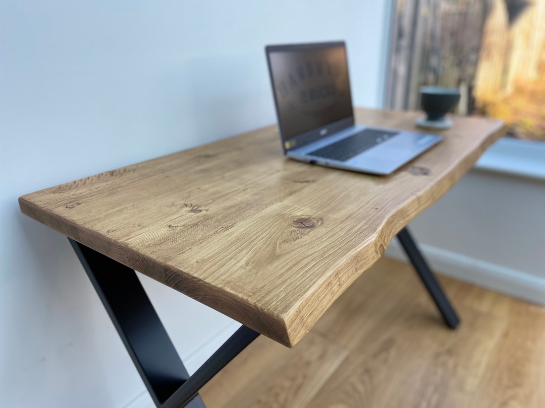 Live Edge Desk on Steel X Frame Legs Handmade From Solid Wood to Look ...