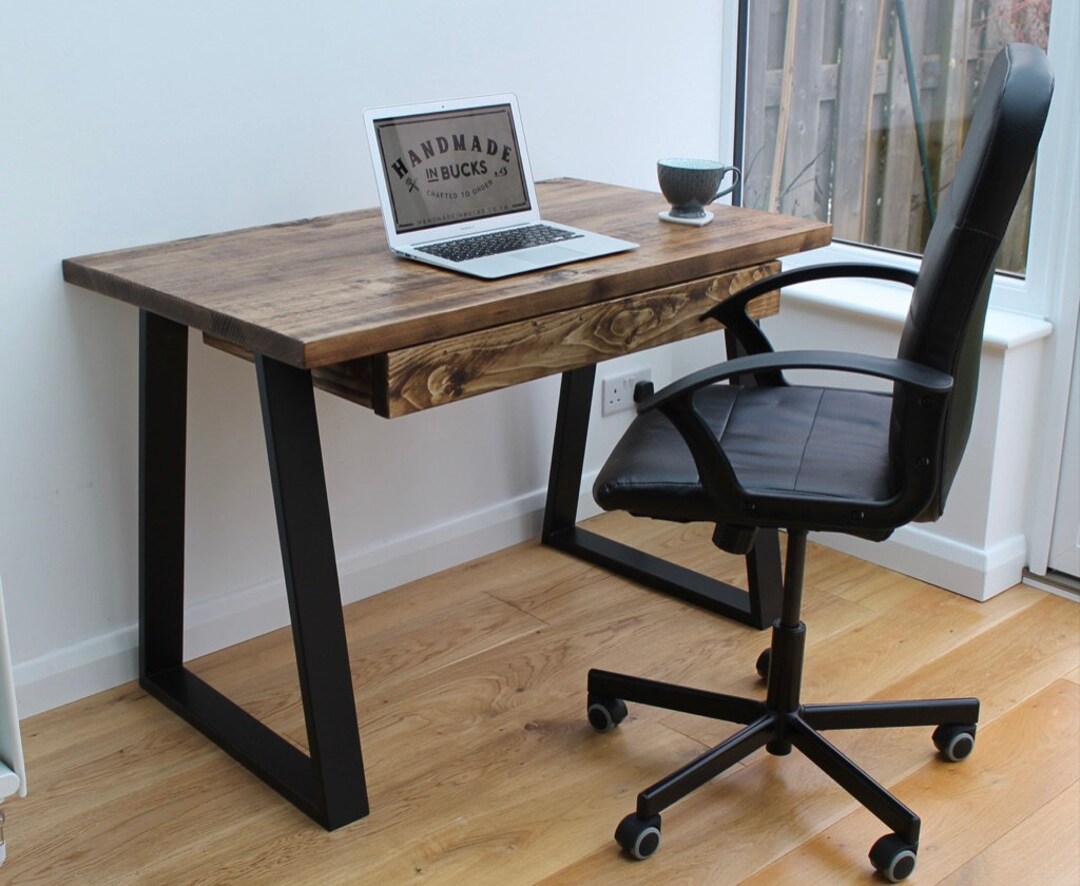 Office Desk With Drawer on Trapezium Steel Legs Handmade From Solid ...
